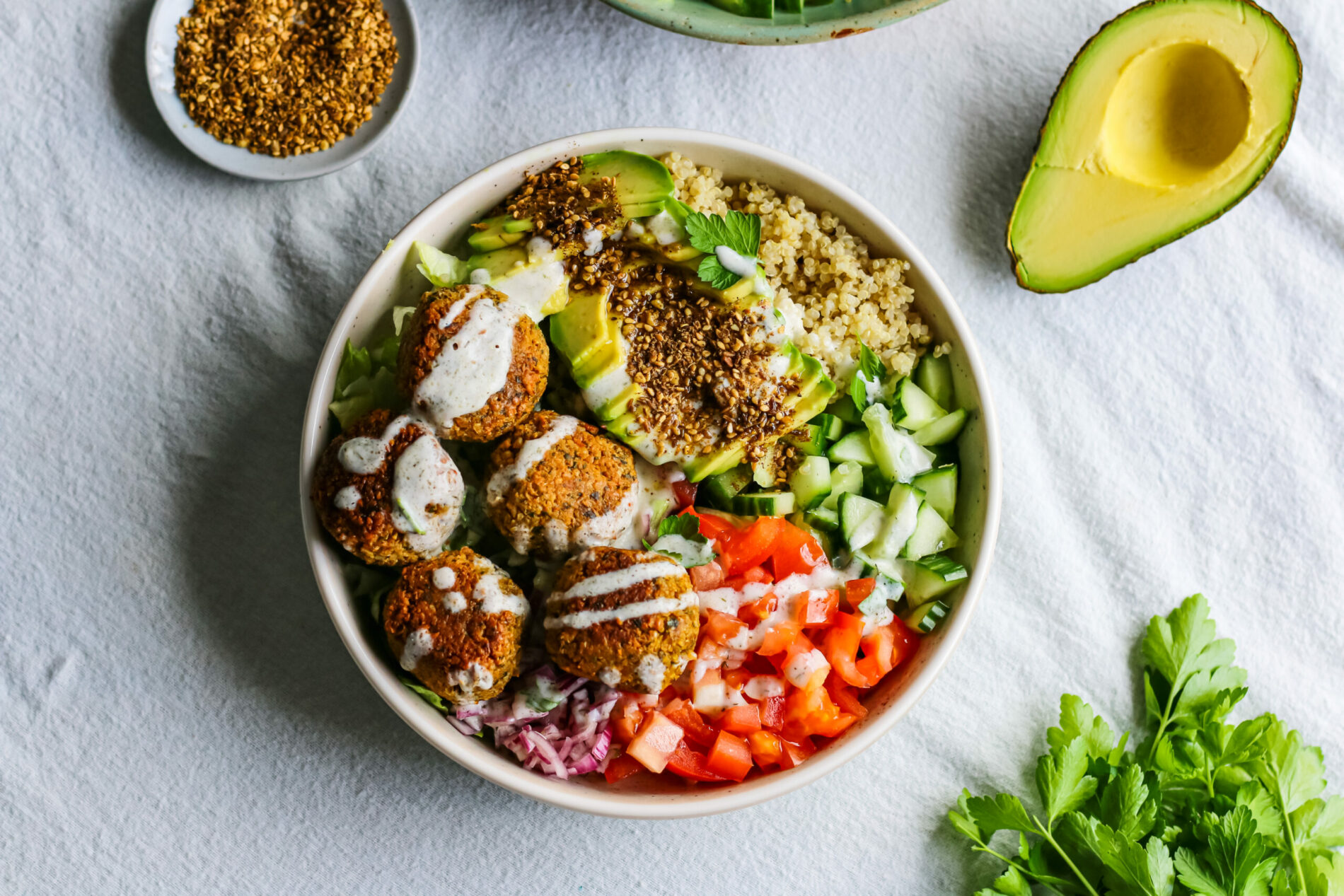 Falafel Bowl w Dukkah Avocado & Quinoa - The Avo Tree